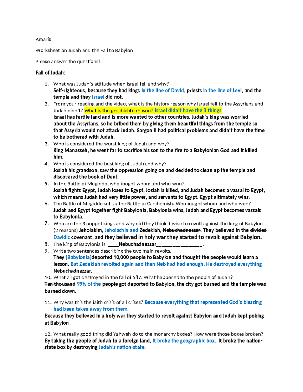 Judah worksheet corrections - Amaris Worksheet on Judah and the Fall to ...