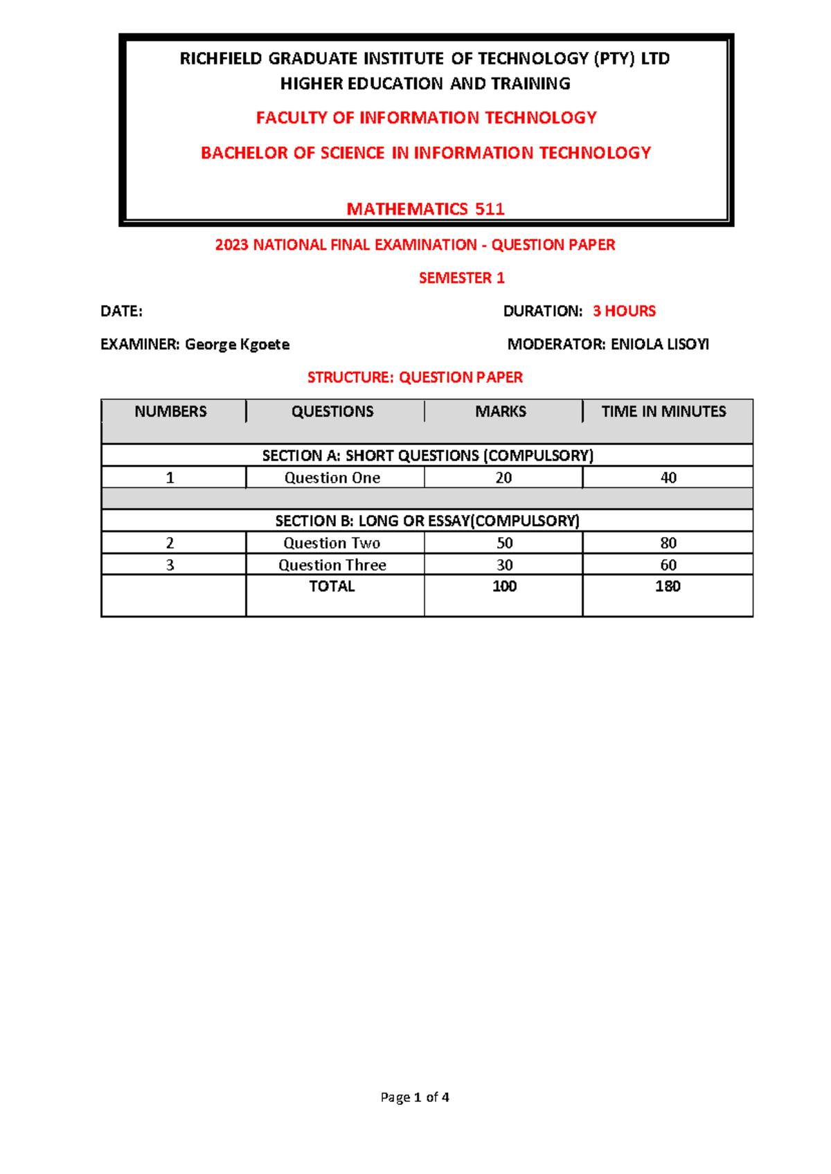 Maths 511 Exam 2023 - Q 2023 NATIONAL FINAL EXAMINATION - QUESTION ...