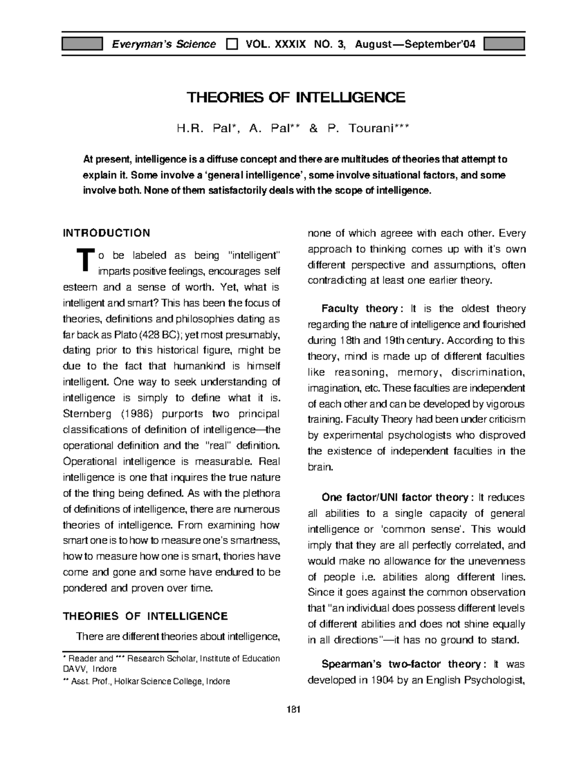 Theories of Intelligence - Assessment - THEORIES OF INTELLIGENCE H. Pal ...