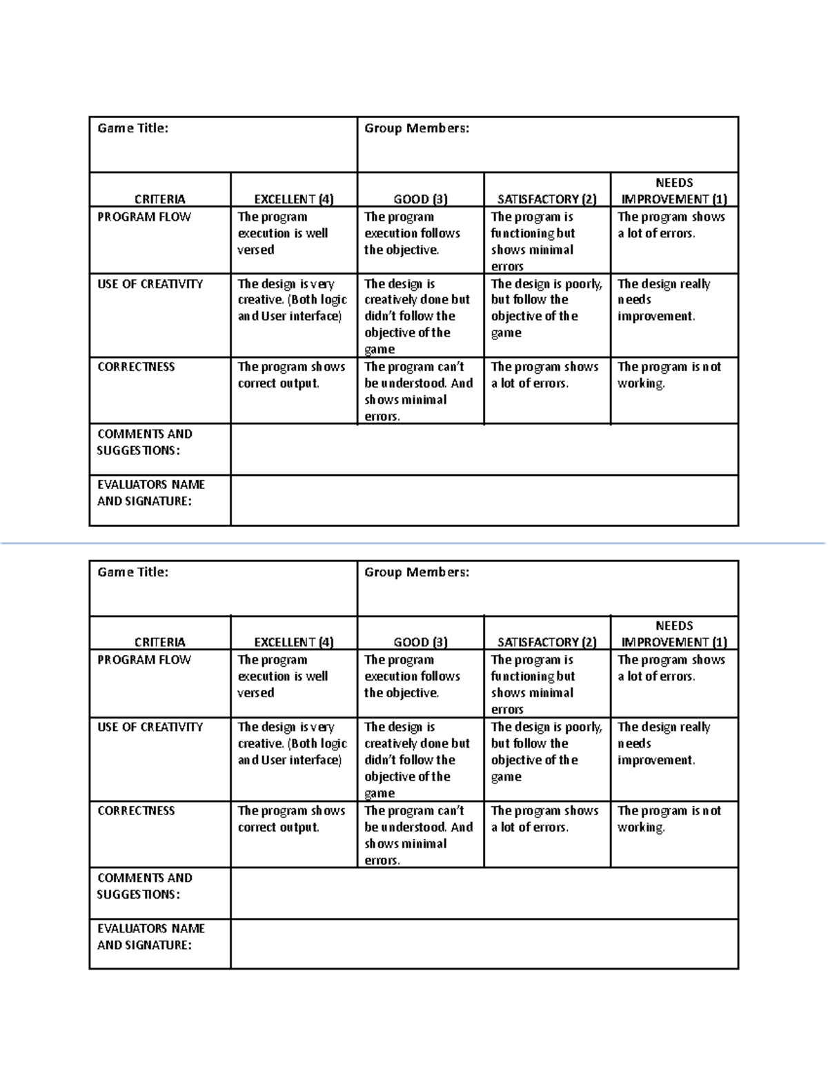 Click 11 GAME Development Evaluation Forms - Game Title: Group Members ...