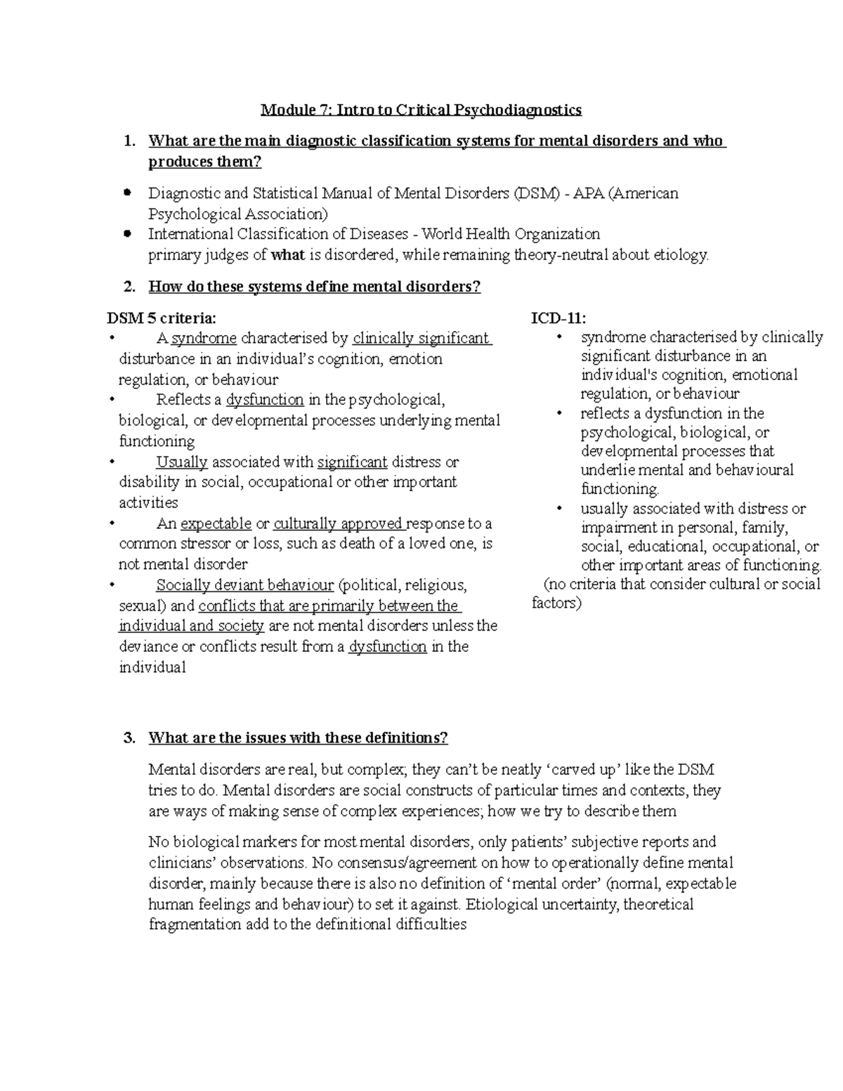 Psy3011s - Notes - Module 7: Intro to Critical Psychodiagnostics What ...