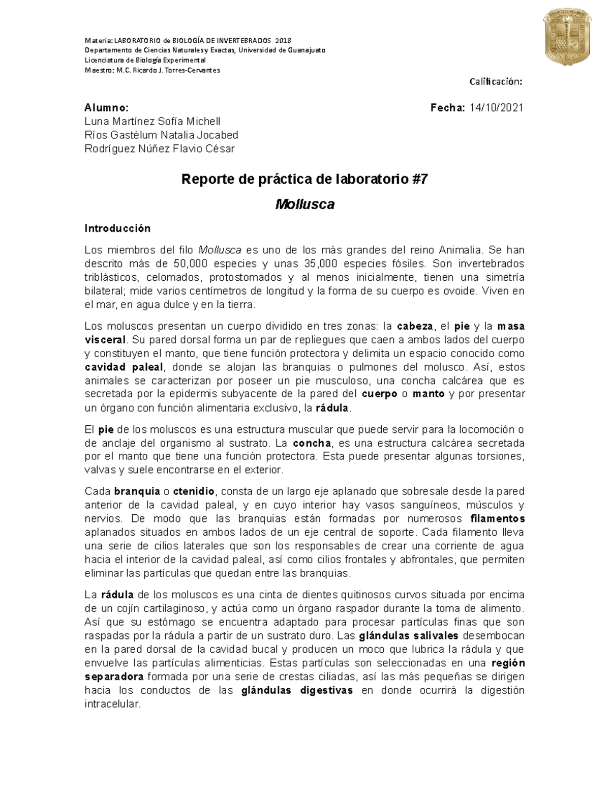 Práctica 7 Biología de Invertebrados, UG, DCNE - Materia: LABORATORIO de BIOLOGÍA DE ...