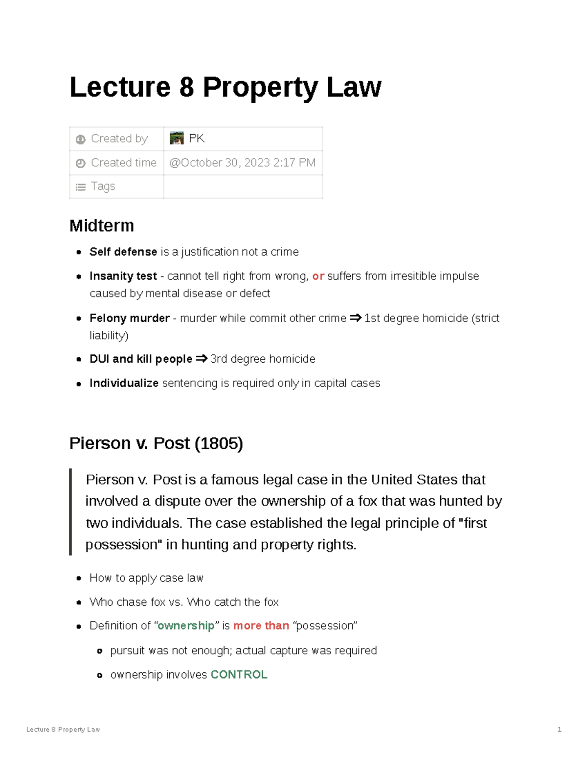 Lecture 8 Introduction to Property Law - Lecture 8 Property Law Created by PK Created time Tags ...