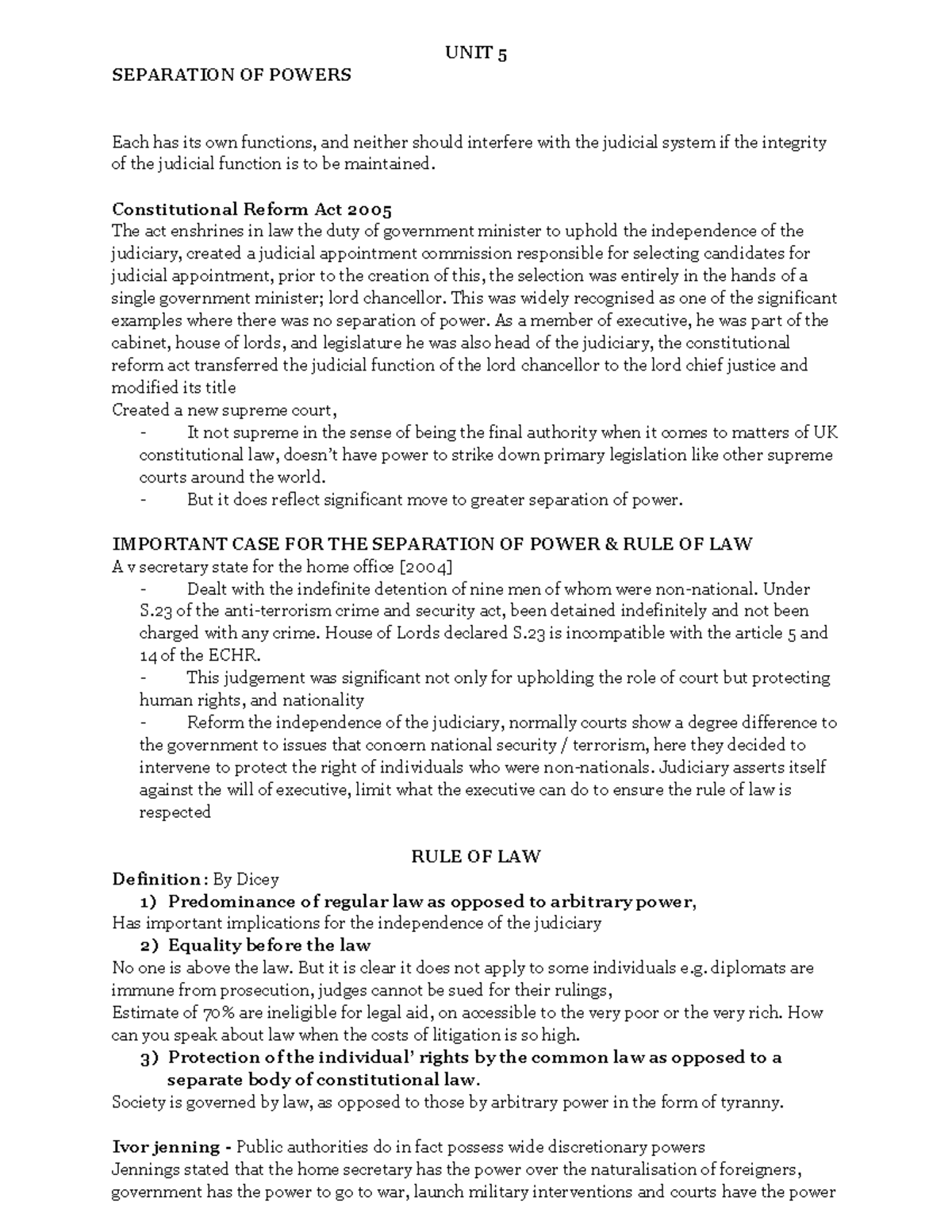 Separation OF Powers Part 2 (Lecture 6) - UNIT 5 SEPARATION OF POWERS ...