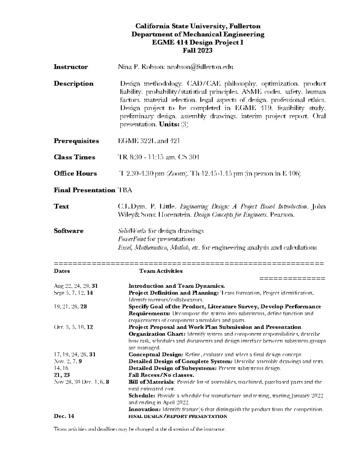 EGME 414 Syllabus - California State University, Fullerton Department ...
