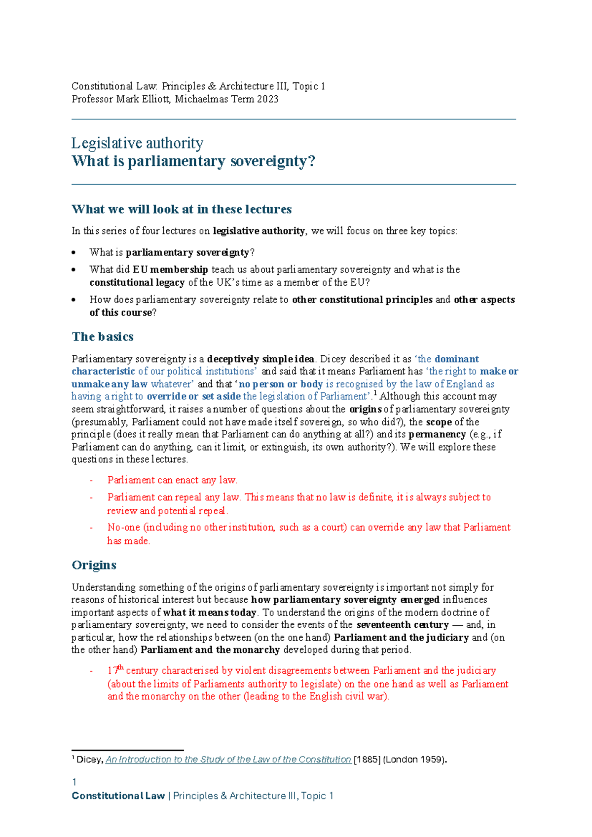Constitutional Law Handout 5 - Constitutional Law: Principles & Architecture III, Topic 1 - Studocu