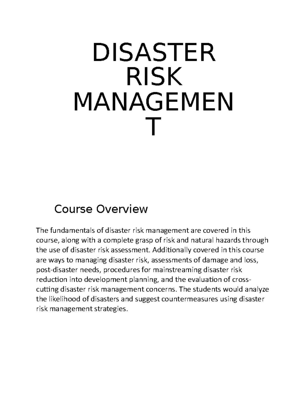 1DRM-Part1 - DRM Management part 3, Lecture Notes - DISASTER RISK ...