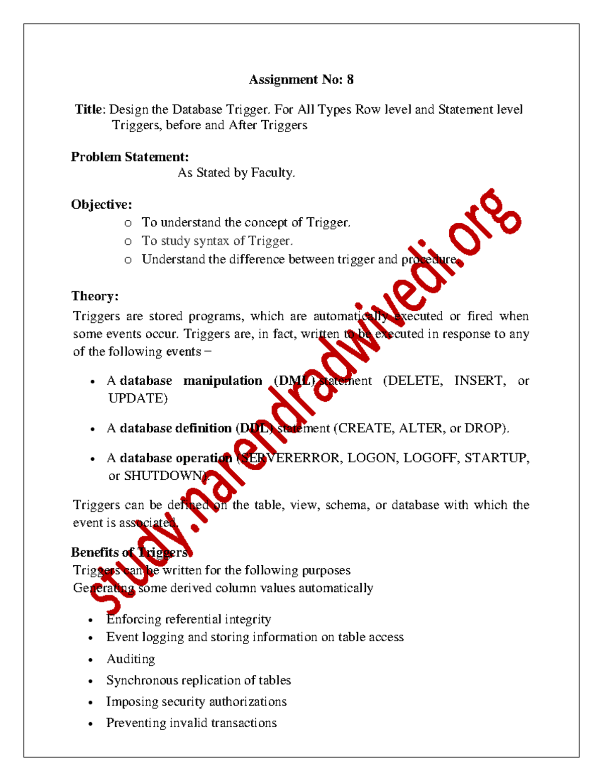 Dbms Assignment 8 Writeups Assignment No 8 Title Design The Database Trigger For All 