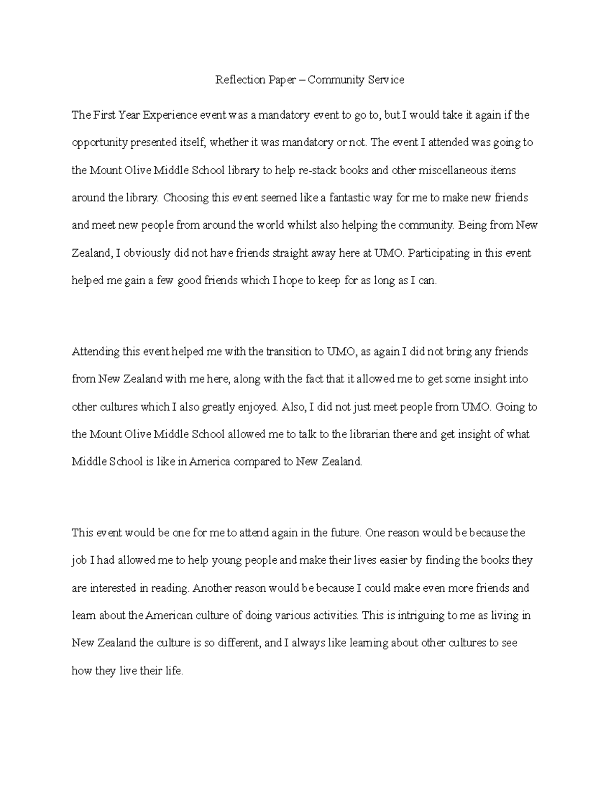 FYE 100 - Reflection Paper - Community Service - Reflection Paper ...