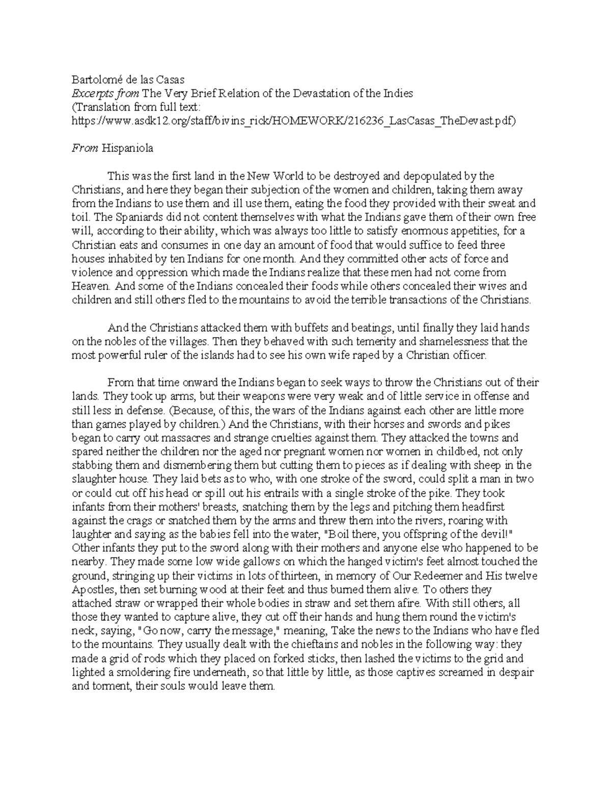 Bartolome De Las Casas Readings - Bartolomé de las Casas Excerpts from ...