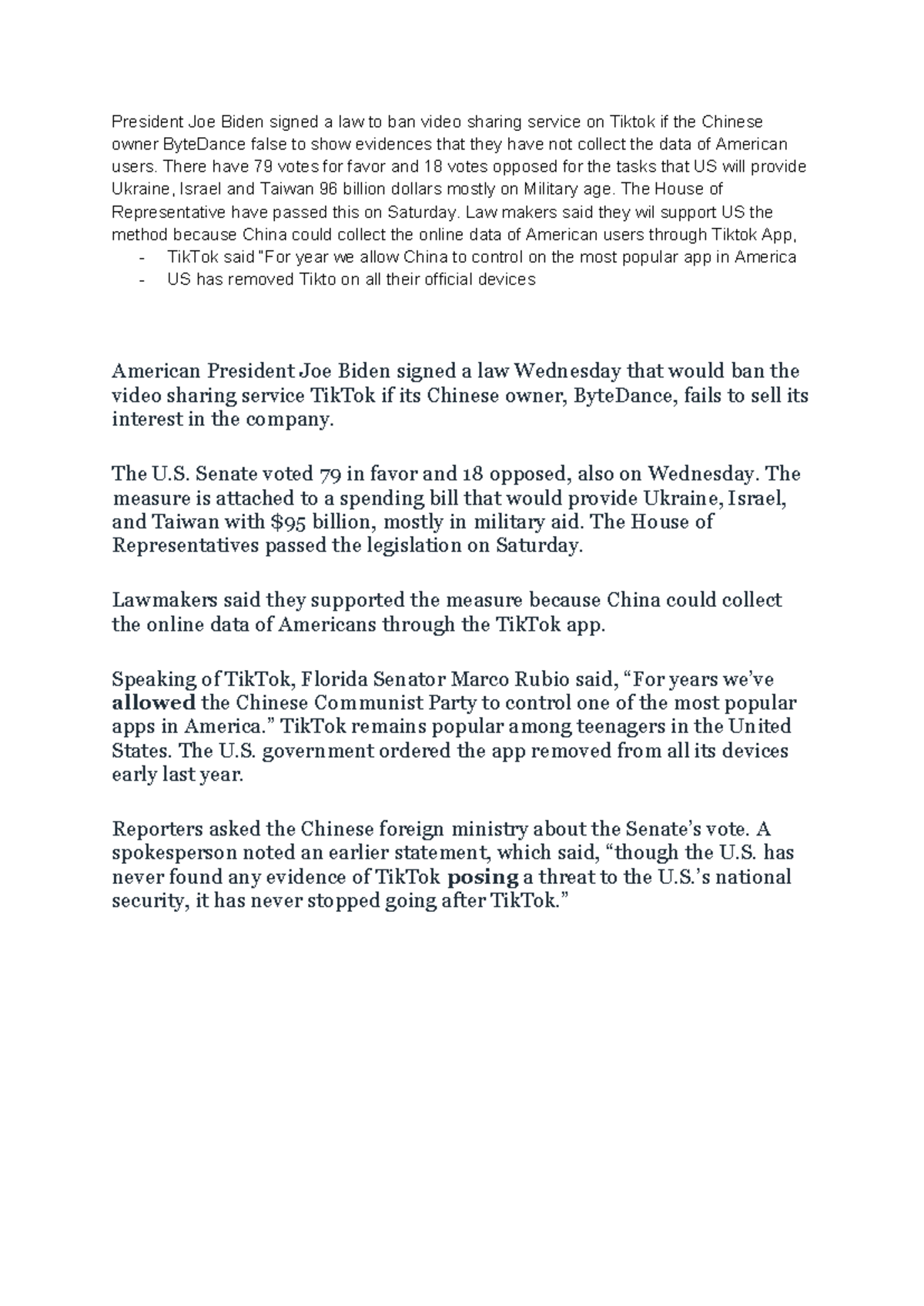 Script TACN - ........ - President Joe Biden signed a law to ban video ...