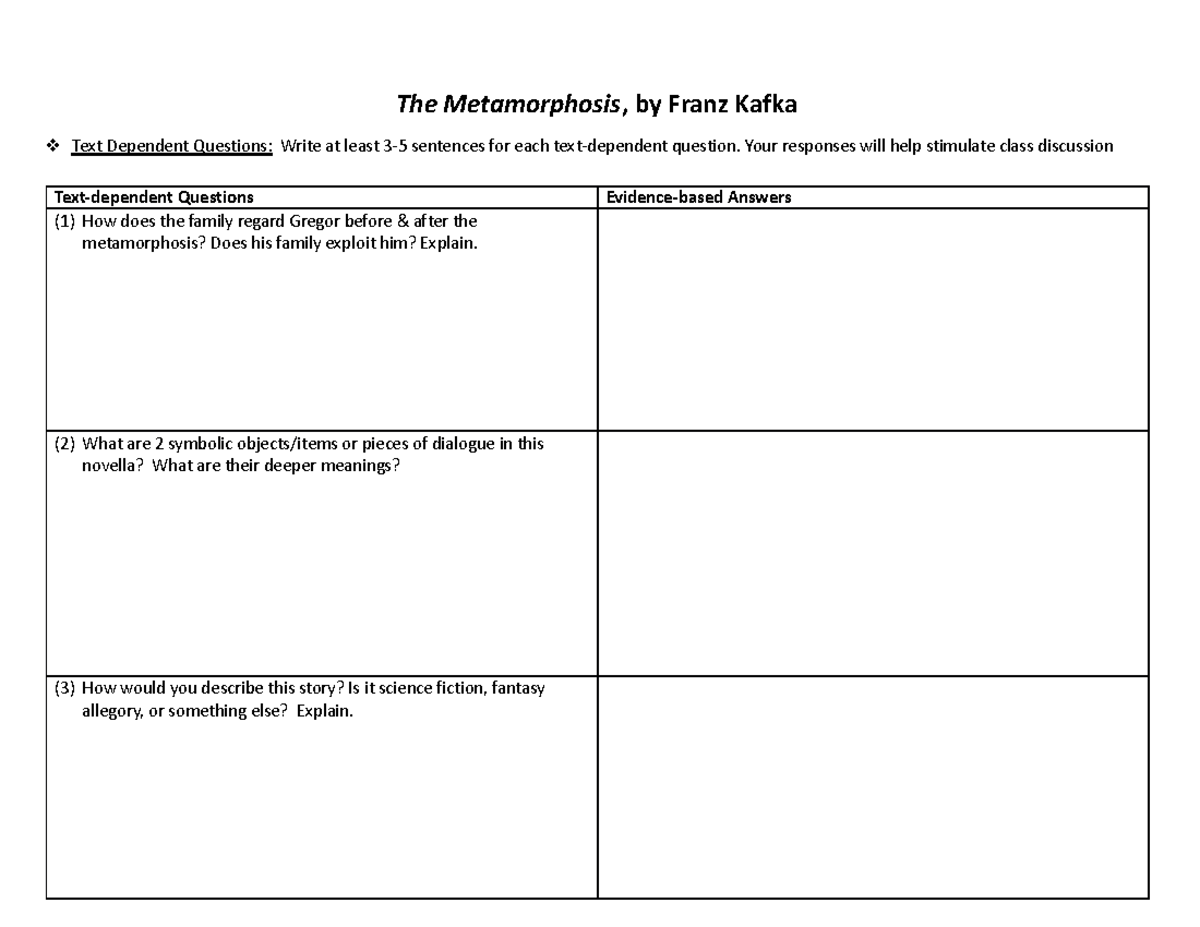 The Metamorphosis Graphic Organizer - The Metamorphosis, by Franz Kafka ...