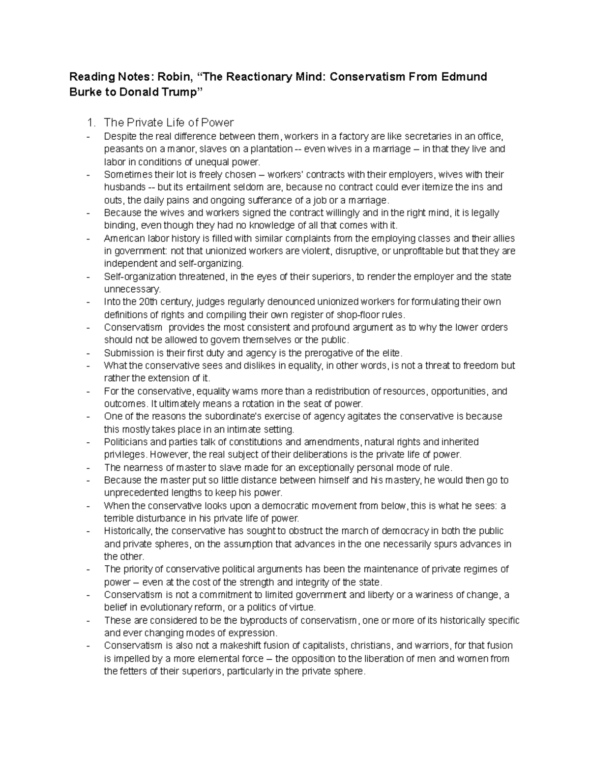 PHL 310 Robin Notes - Reading Notes: Robin, “The Reactionary Mind ...