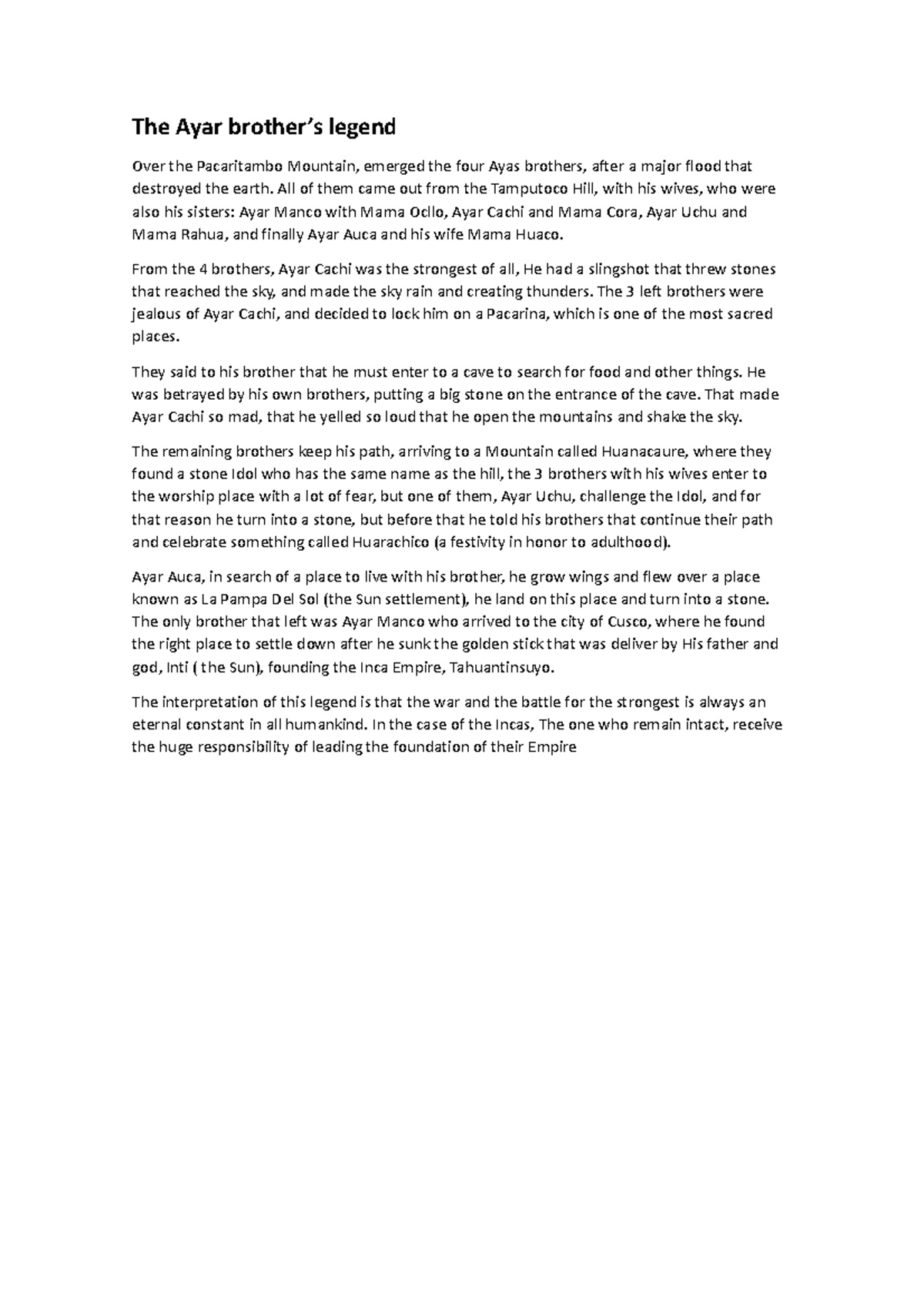 The Ayar brother - lectura - The Ayar brother’s legend Over the ...
