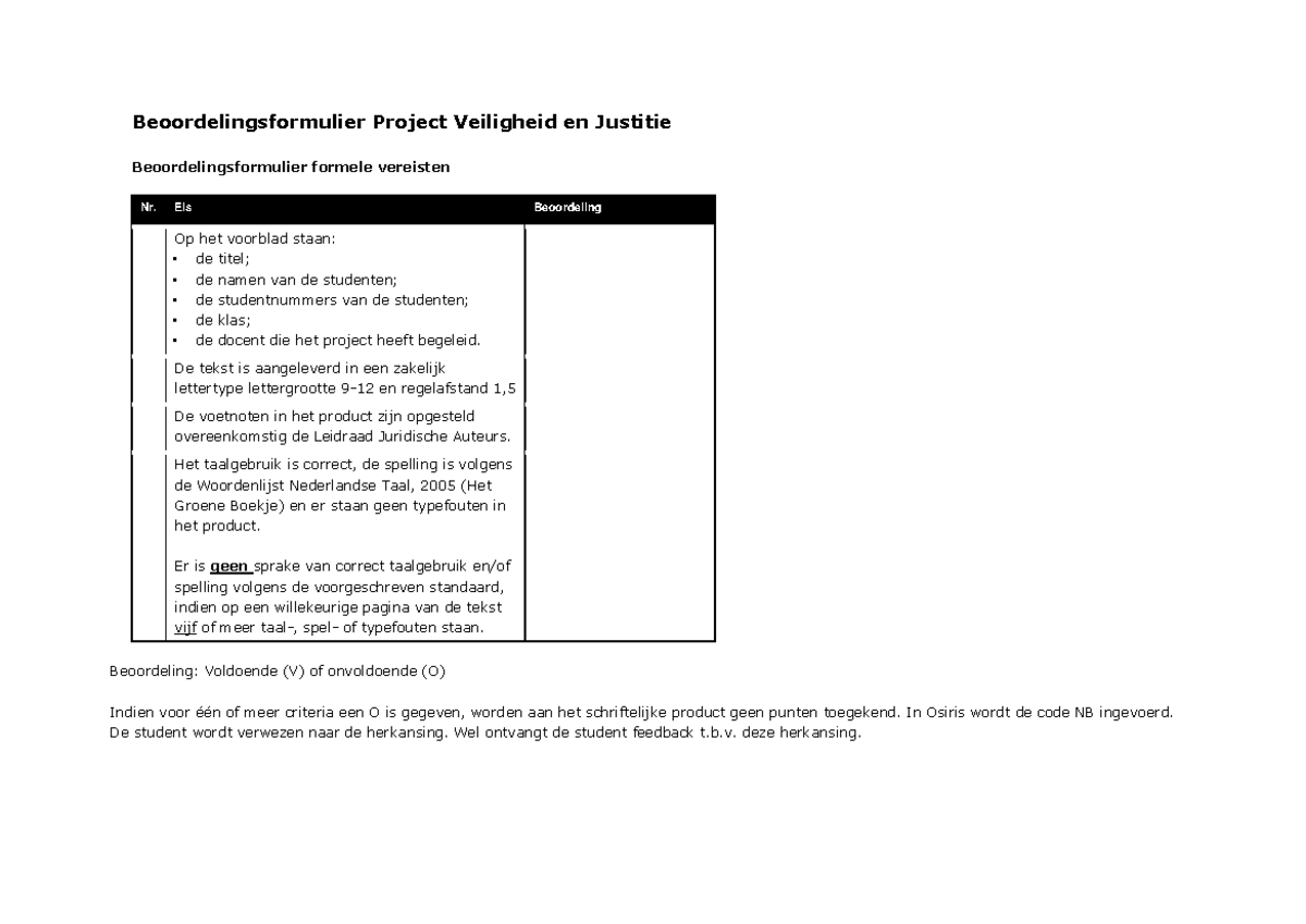 Beoordelingsformulier Requisitoir van strafrecht - Beoordelingsformulier Project Veiligheid en ...