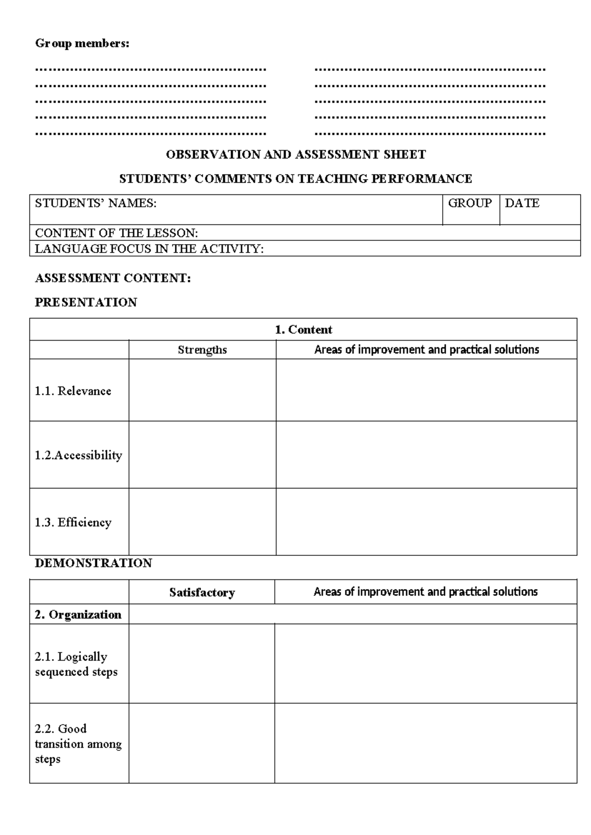 Revised Observation AND Assessment Sheet students handout - Group ...