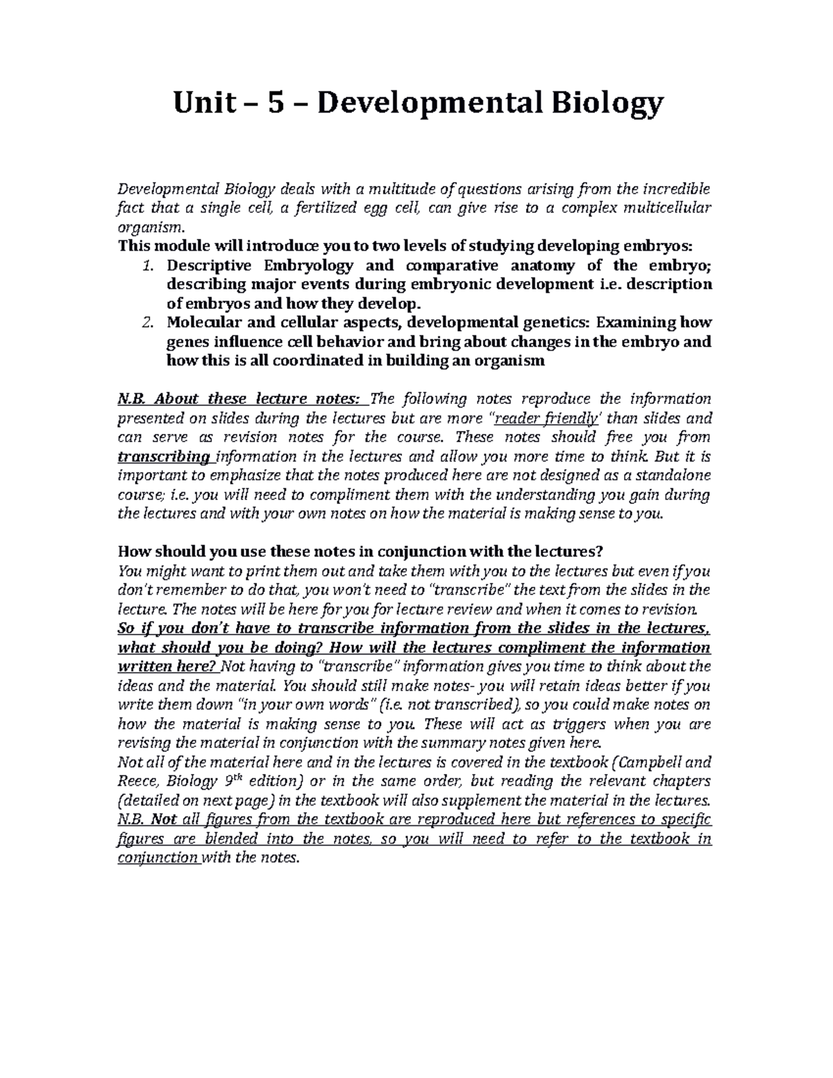 MOD 5 NOTE - Edited - Life science - Unit – 5 – Developmental Biology ...