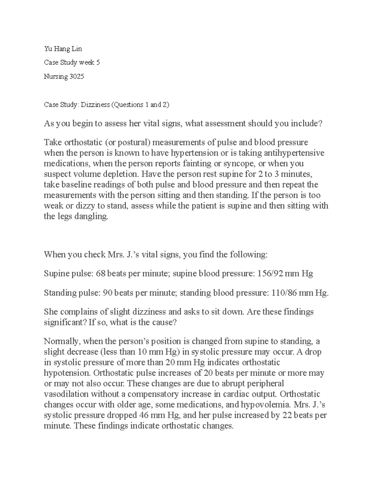 Case Study week 5 - assessment - Yu Hang Lin Case Study week 5 Nursing ...