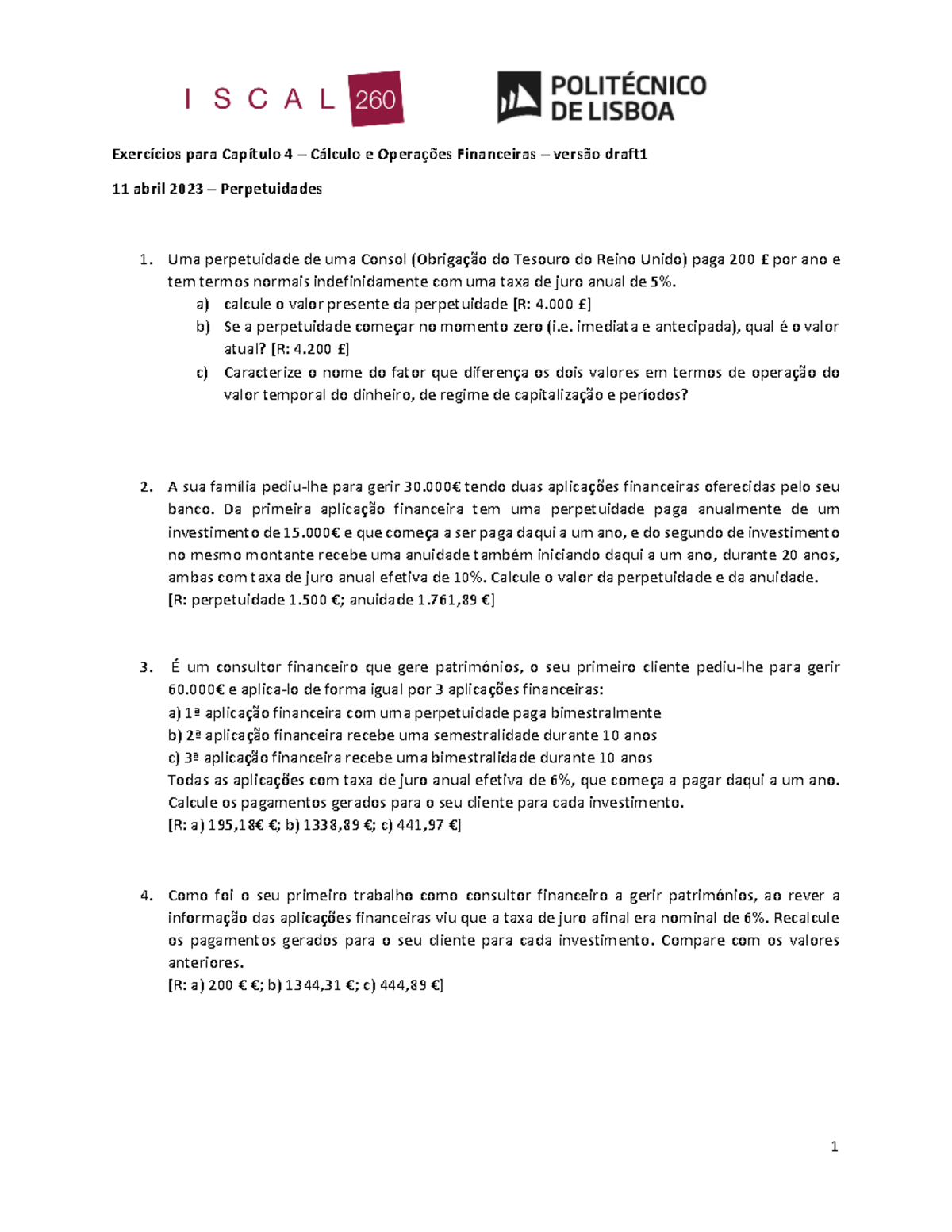 Exerc Ã­cios Cap4RCPerpetuidades 13-04-2023 vdraft 1 - 1 Exercícios para Capítulo 4 – Cálculo e ...