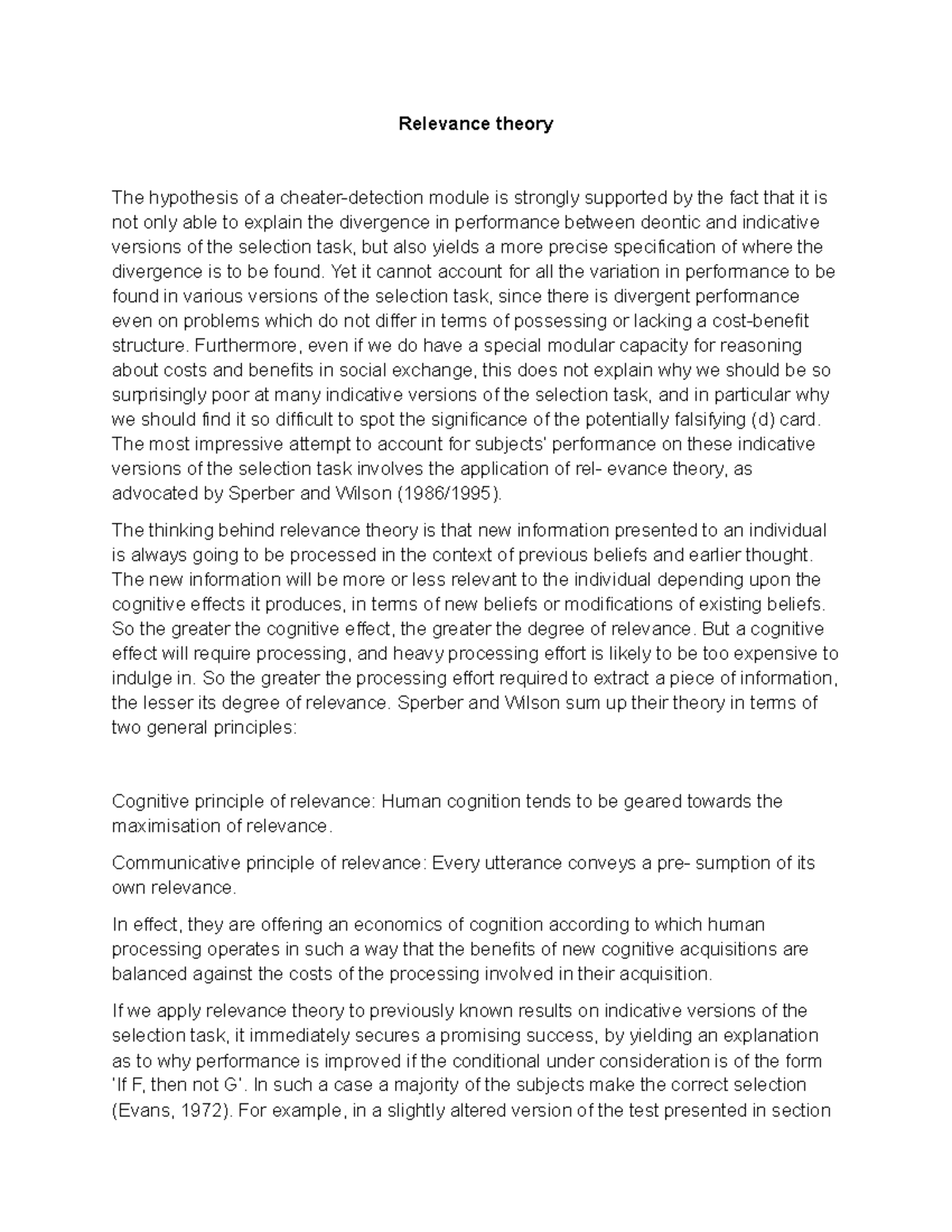 Relevance theory - Relevance theory The hypothesis of a cheater ...