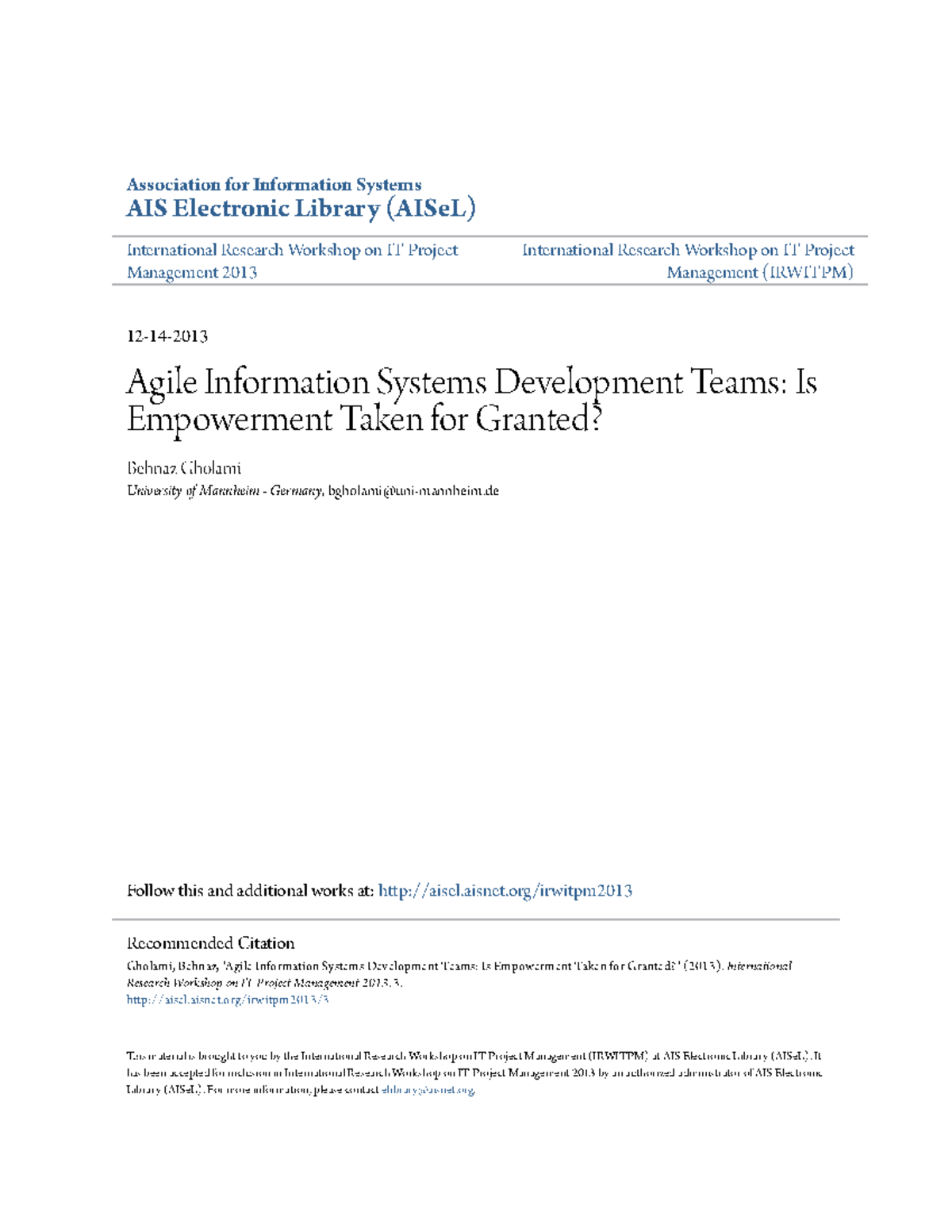 Agile Information Systems Development Teams Is Empowerment Taken ...