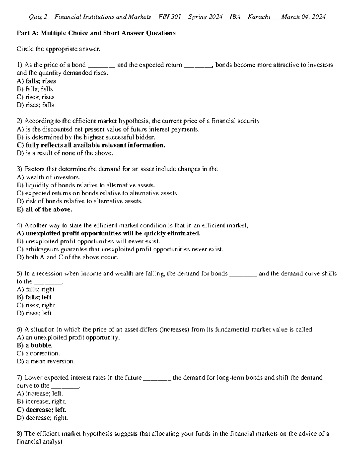 20240304 Quiz2 Solution - Quiz 2 – Financial Institutions and Markets ...