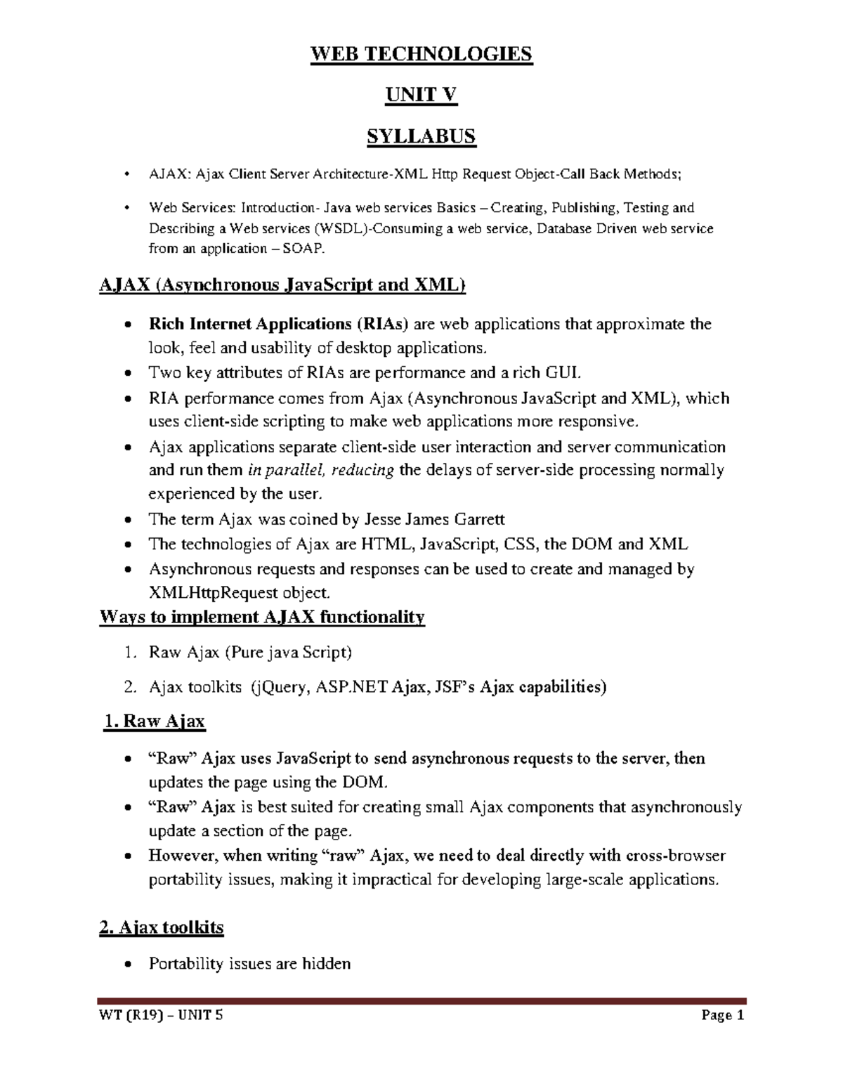 WT UNIT5 - Wit - WEB TECHNOLOGIES UNIT V SYLLABUS AJAX: Ajax Client ...