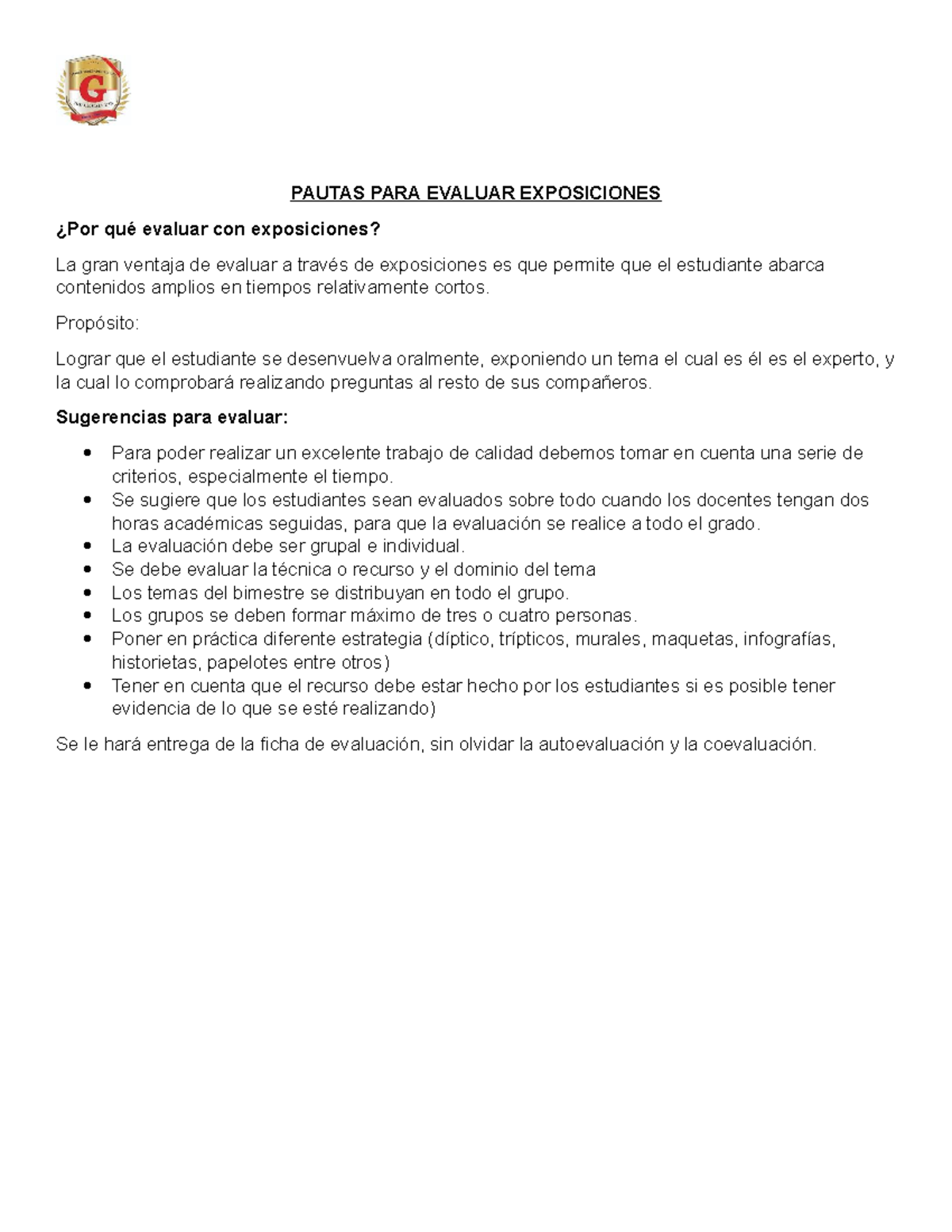 Pautas PARA Evaluar Exposiciones Secundaria - PAUTAS PARA EVALUAR EXPOSICIONES ¿Por qué evaluar ...