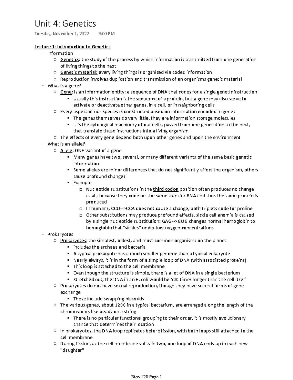 Bios 120 Unit 4 Genetics - Lecture 1: Introduction to Genetics ...