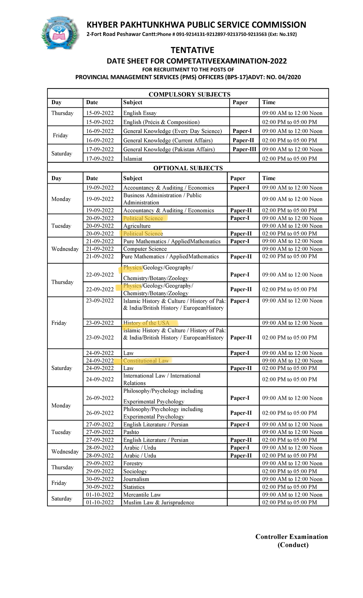 PMS 04 2020 DATE Sheet Competative Examination September 2022 - KHYBER ...