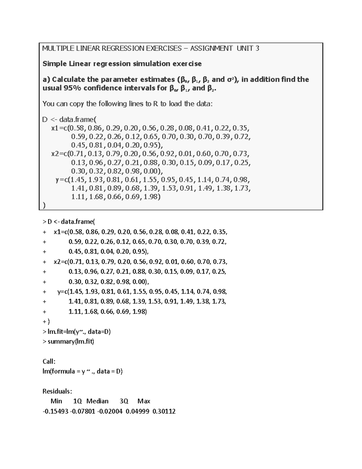 Unit 3 Solutions CS 4407 MULTIPLE LINEAR REGRESSION EXERCISES 