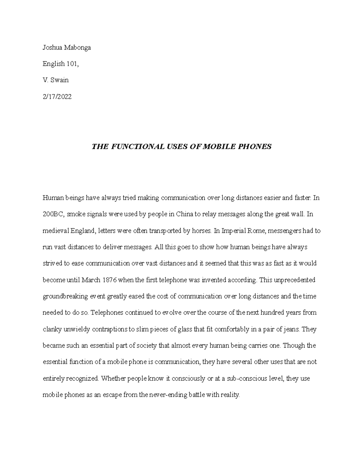 THE Functional USE OF Mobile Phones - Joshua Mabonga English 101, V ...