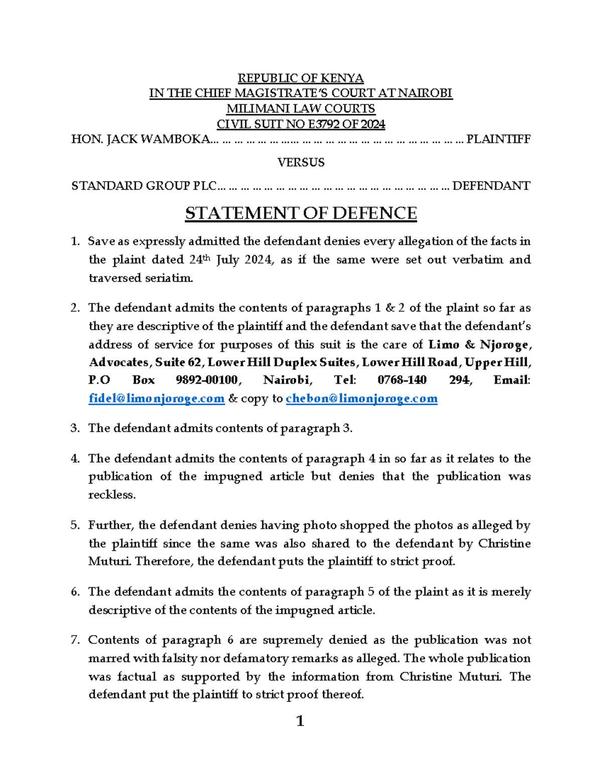 Statement OF Defence- Civil SUIT NO. E3792 OF 2024 - REPUBLIC OF KENYA ...
