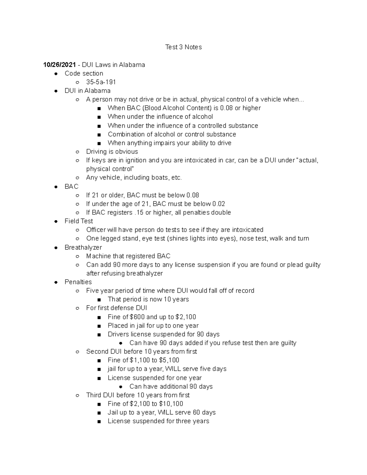 Test 3 Notes - Test 3 Notes 10/26/2021 - DUI Laws in Alabama Code ...