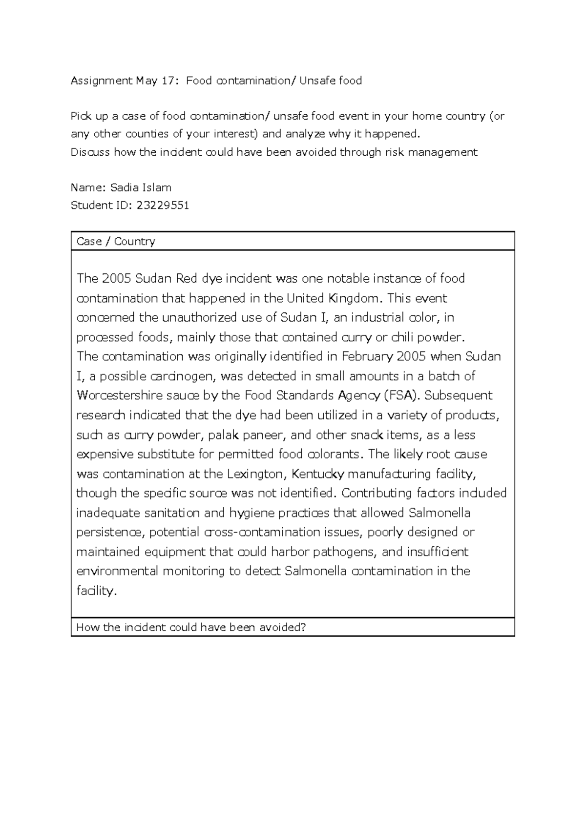 Assignment May 17 Food contamination unsafe food - Discuss how the ...