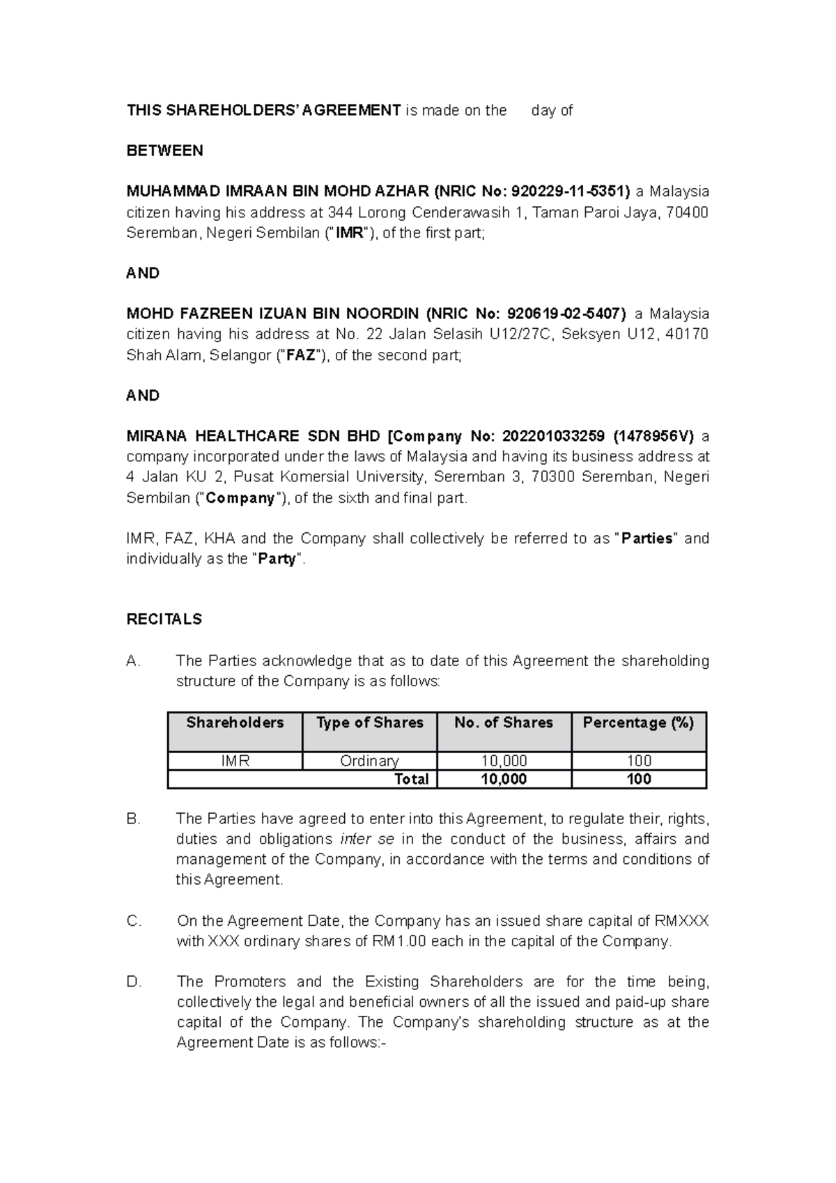 Template-SHA - THIS SHAREHOLDERS’ AGREEMENT is made on the day of ...