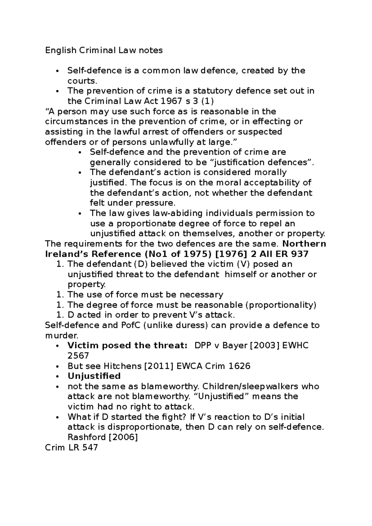 English Criminal Law Self Defence - English Criminal Law notes Self ...