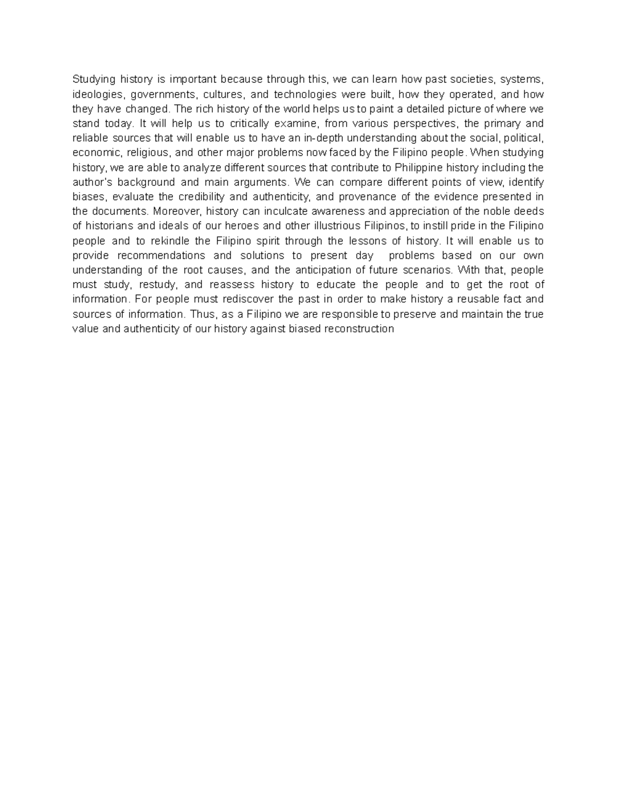 History - Essay for RIPH - Studying history is important because ...