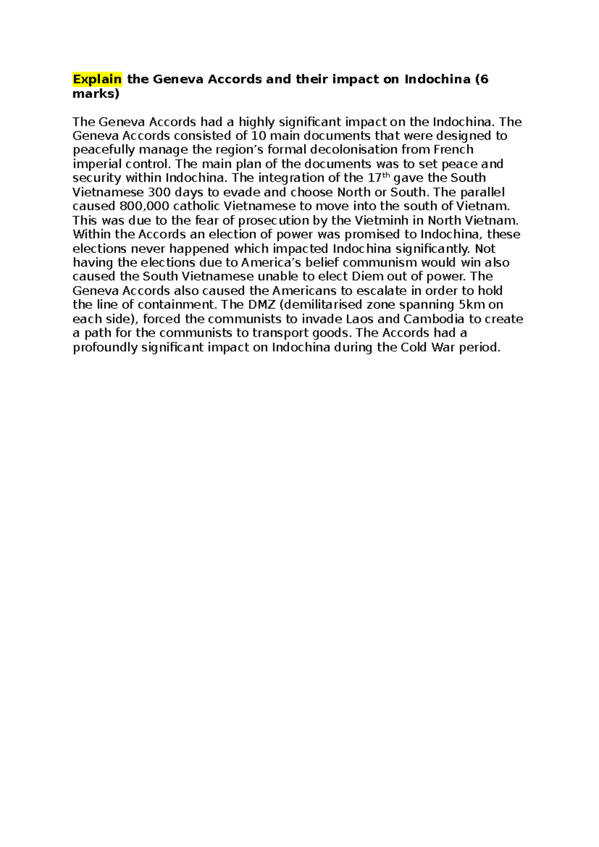 Explain the Geneva Accords and their impact on Indochina - The Geneva ...