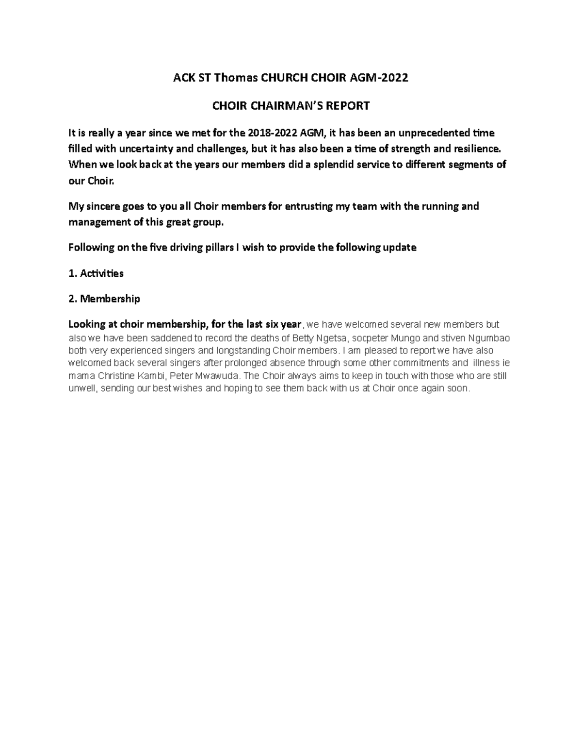 ACK ST Thomas Church Choir AGM - ACK ST Thomas CHURCH CHOIR AGM- CHOIR CHAIRMAN’S REPORT It is ...