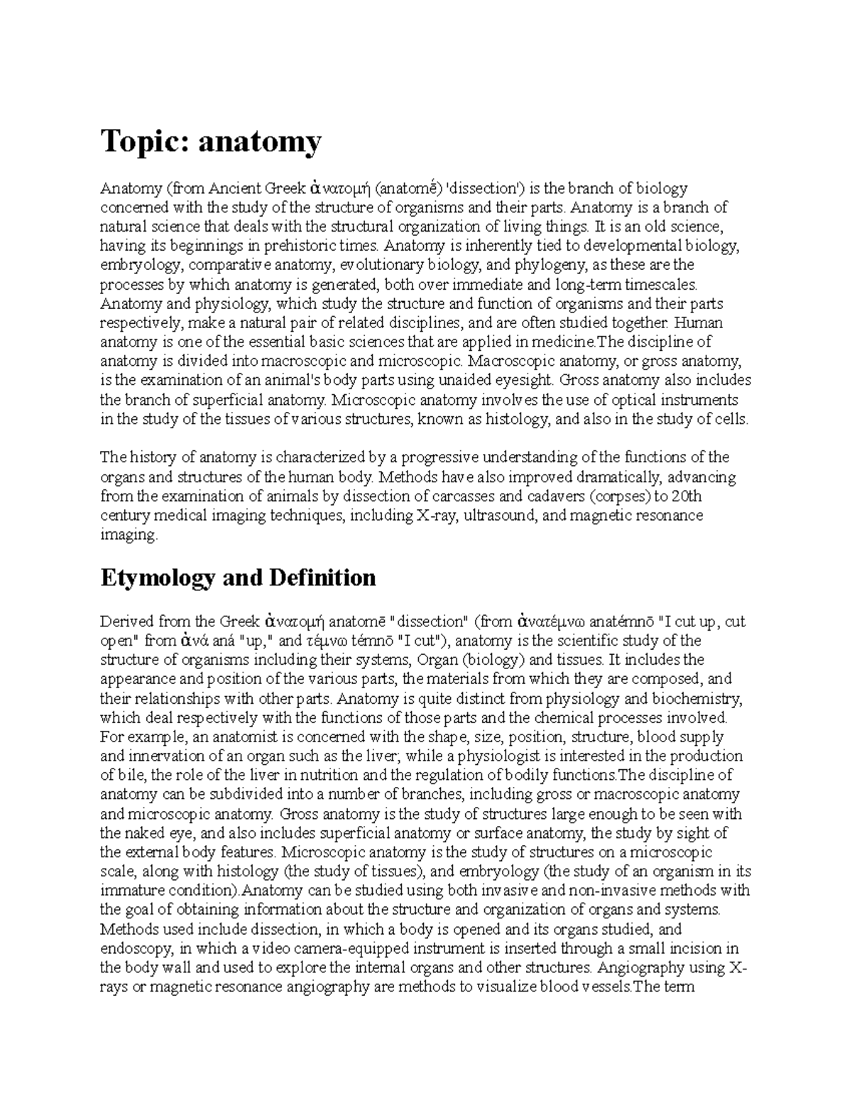 Anatomy Notes - Topic: anatomy Anatomy (from Ancient Greek νατομή ...