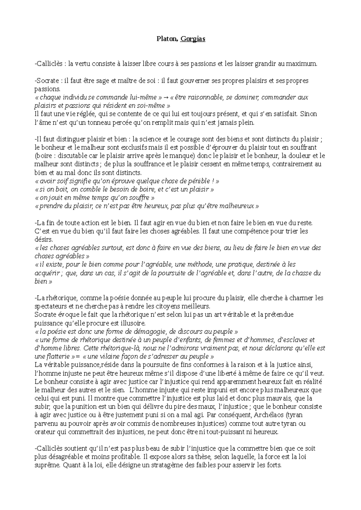 Fiche gorgias, Platon - Platon, Gorgias -Calliclès : la vertu consiste ...