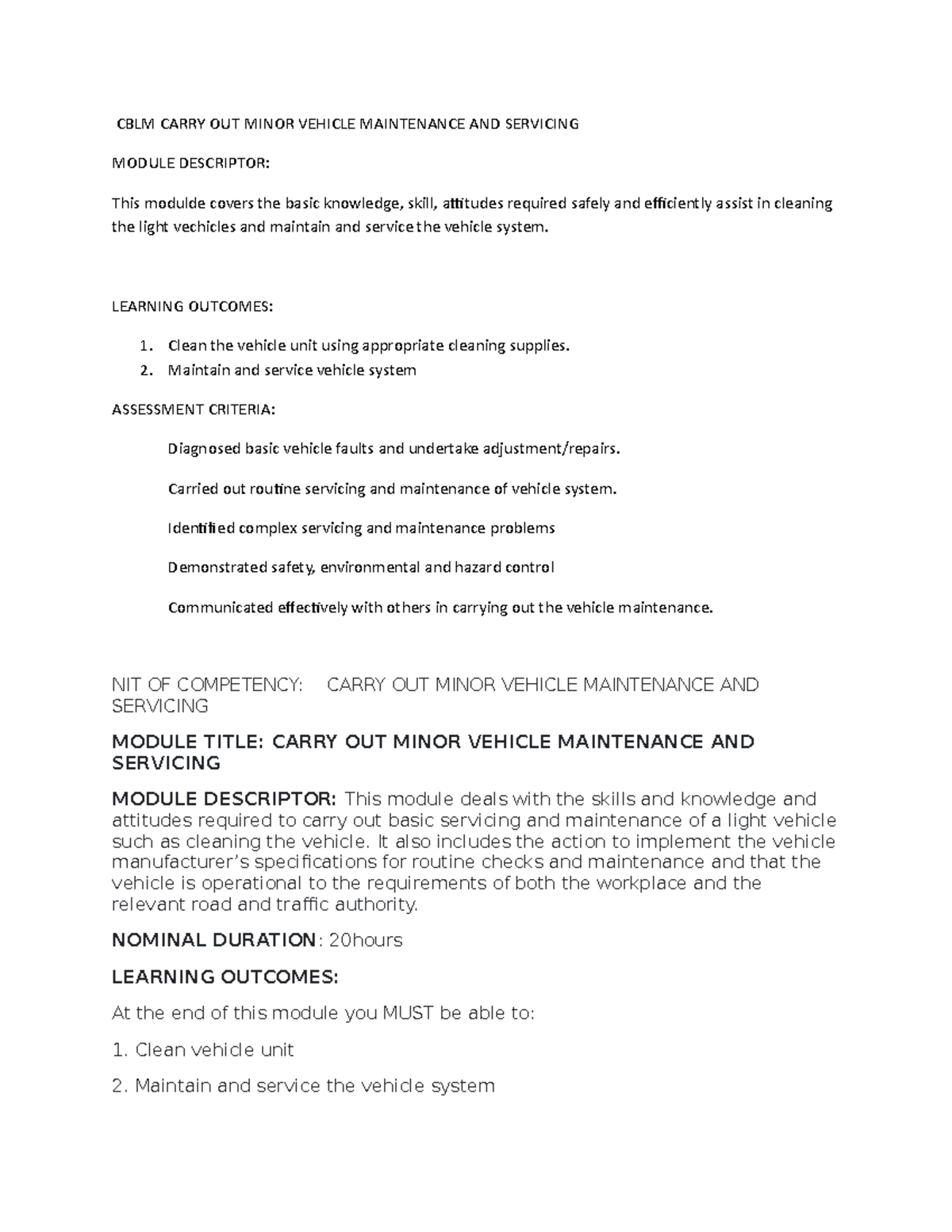 CBLM CARRY OUT MINOR VEHICLE MAINTENANCE AND SERVICING.docx - CBLM ...