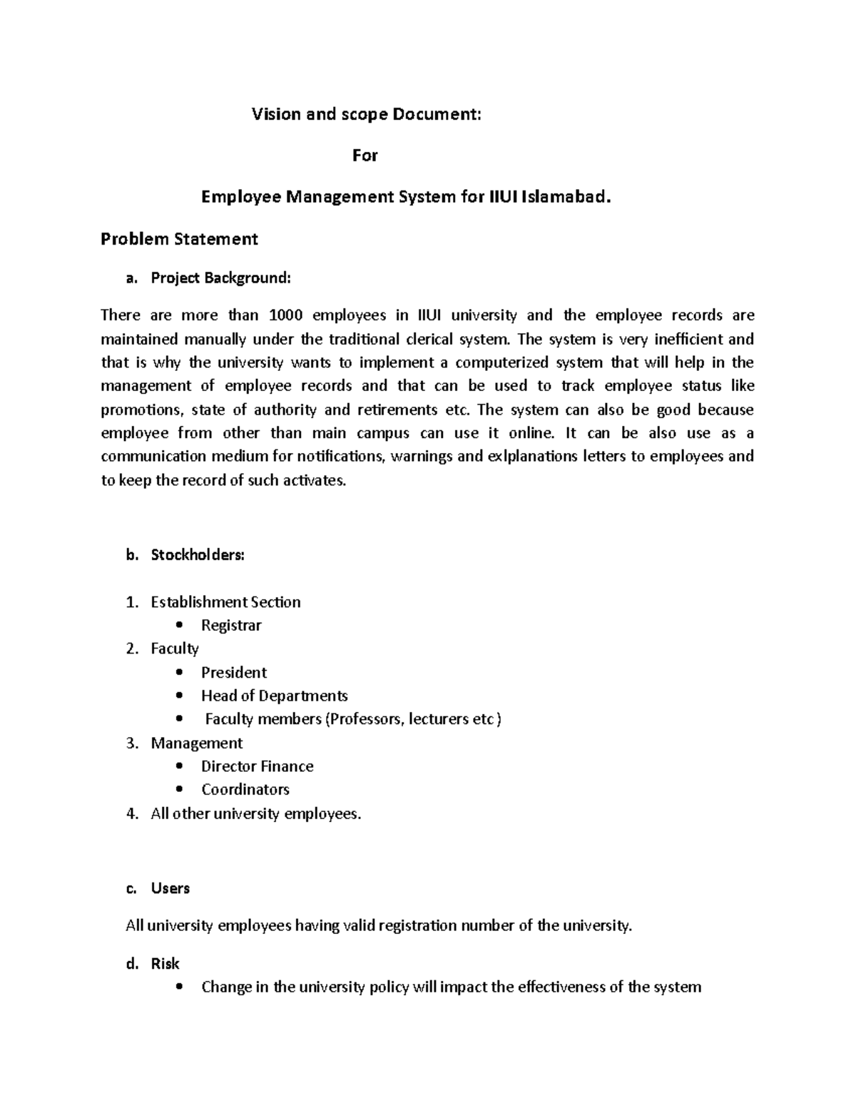 Vision and scope doc - Vision and scope Document: For Employee ...