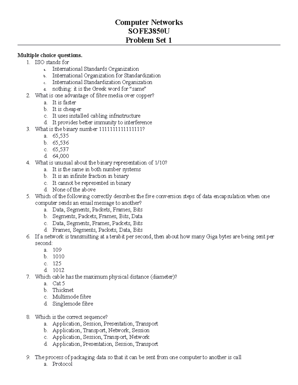Problem Set 1 - enjoy the stuff - Computer Networks SOFE3850U Problem Set 1 Multiple choice ...