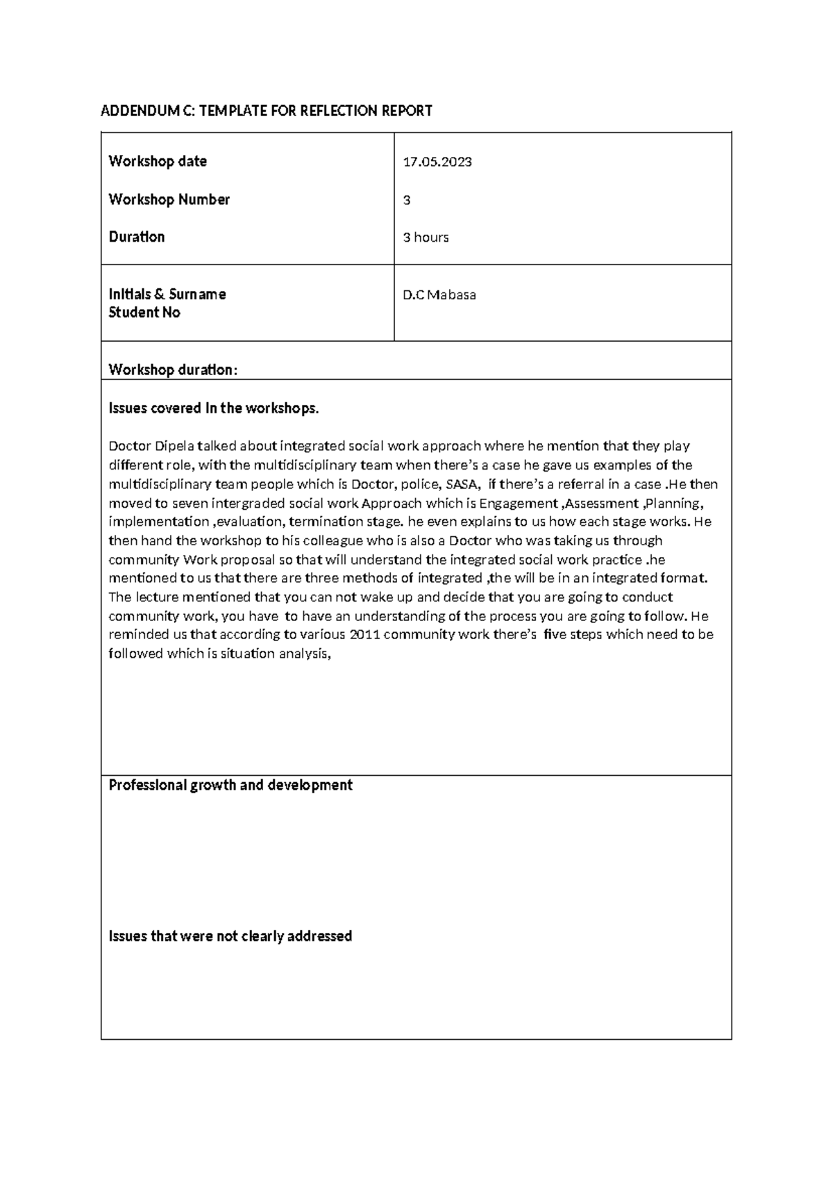 Workshop Dr Depela 17 May 2023 - ADDENDUM C: TEMPLATE FOR REFLECTION ...
