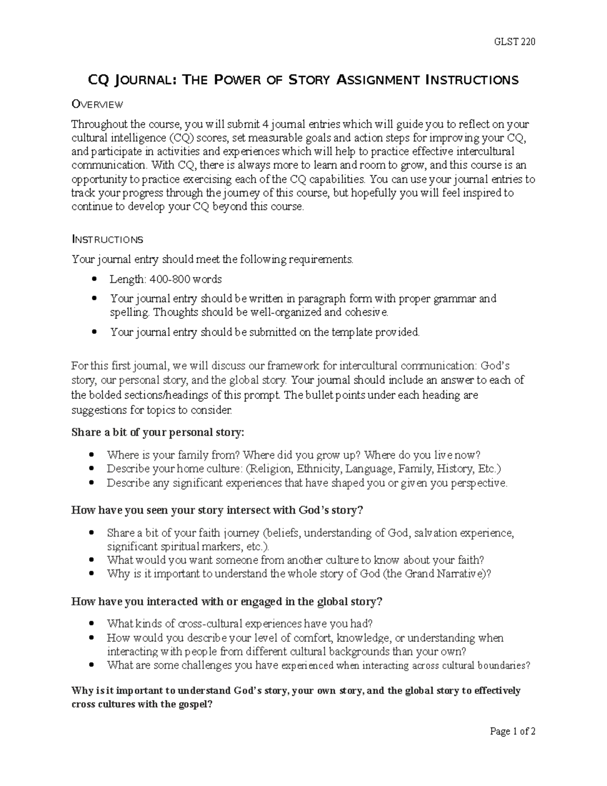 GLST 220 CQ Journal The Power of Story Assignment Instructions - GLST 220 CQ JOURNAL: THE POWER ...