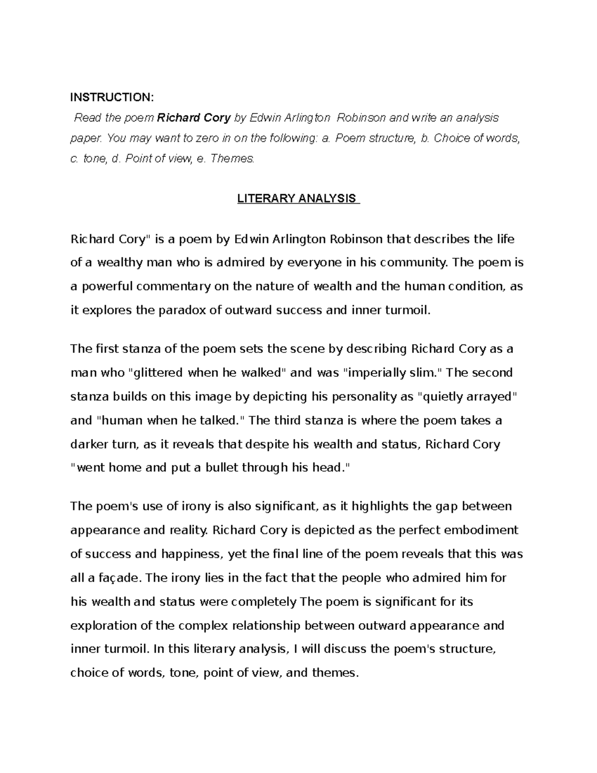 Purcom - LITERARY ANALYSIS - INSTRUCTION: Read the poem Richard Cory by ...