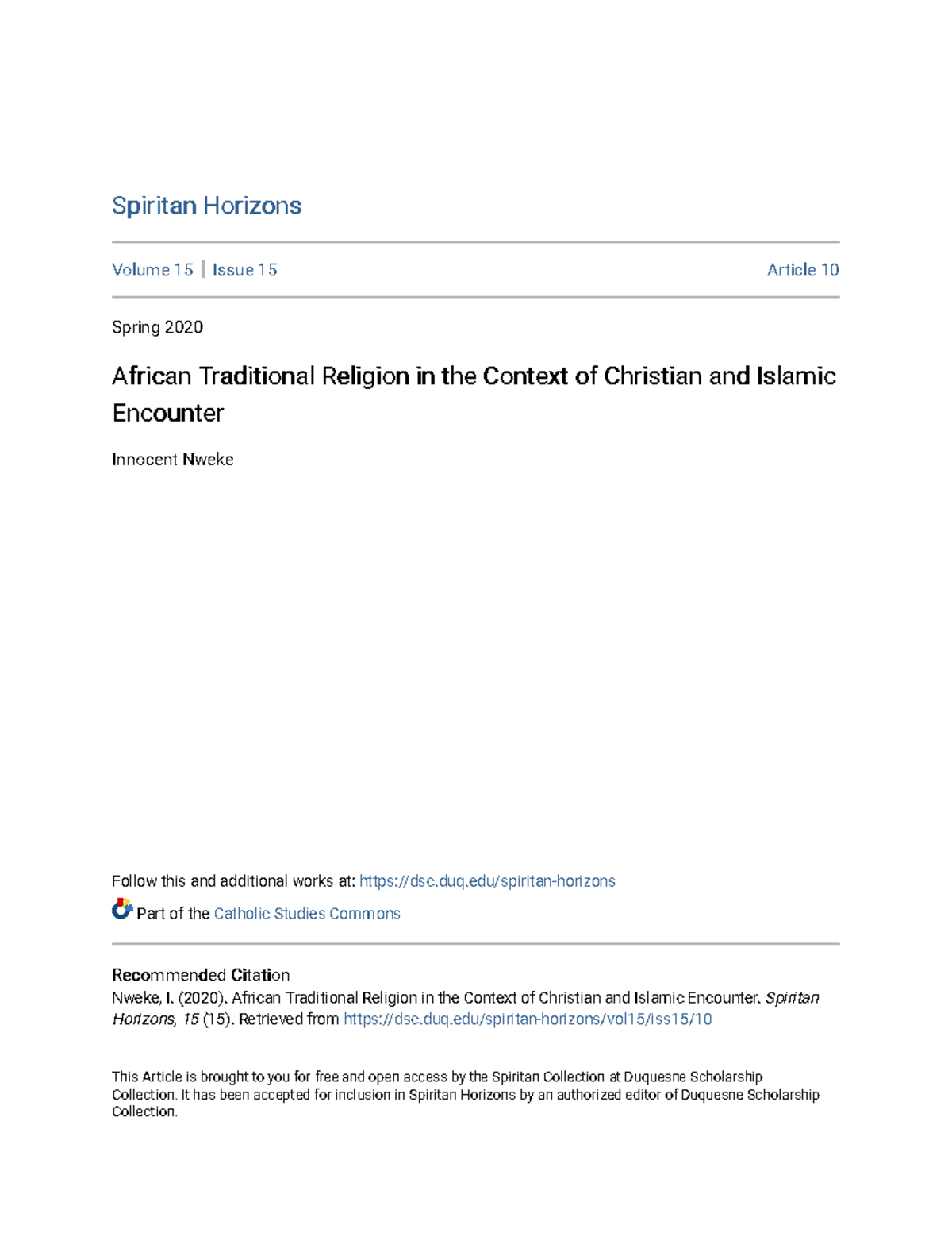 African Traditional Religion in the Context of Christian and Isla ...