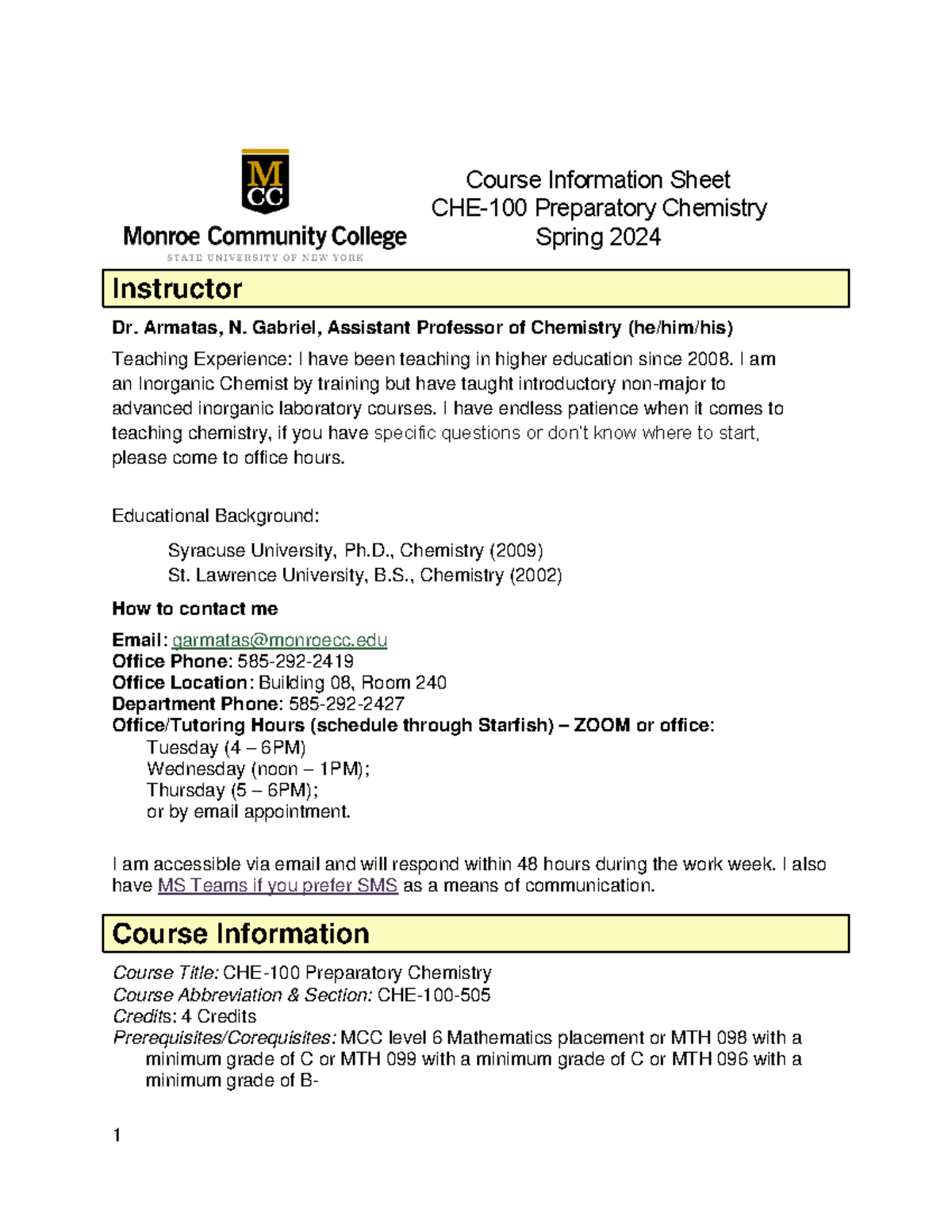 CHE 100 505 S2024 Armatas - Course Information Sheet CHE-100 ...